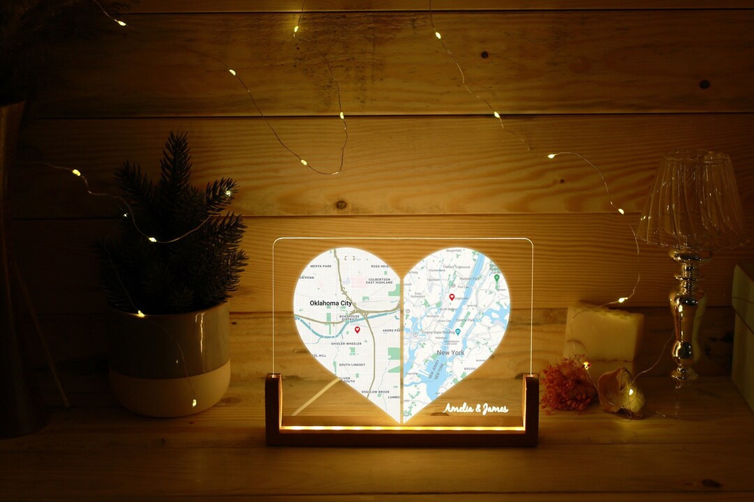 Custom Two Location Heart Night Light Nightlight for Long Distance Love ...