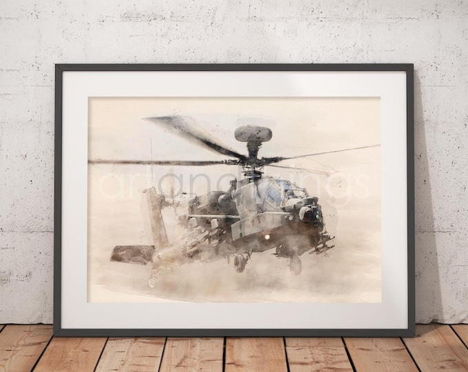 Apache AH-64 Helicopter Gunship | Chopper | Watercolour Style | Wall ...
