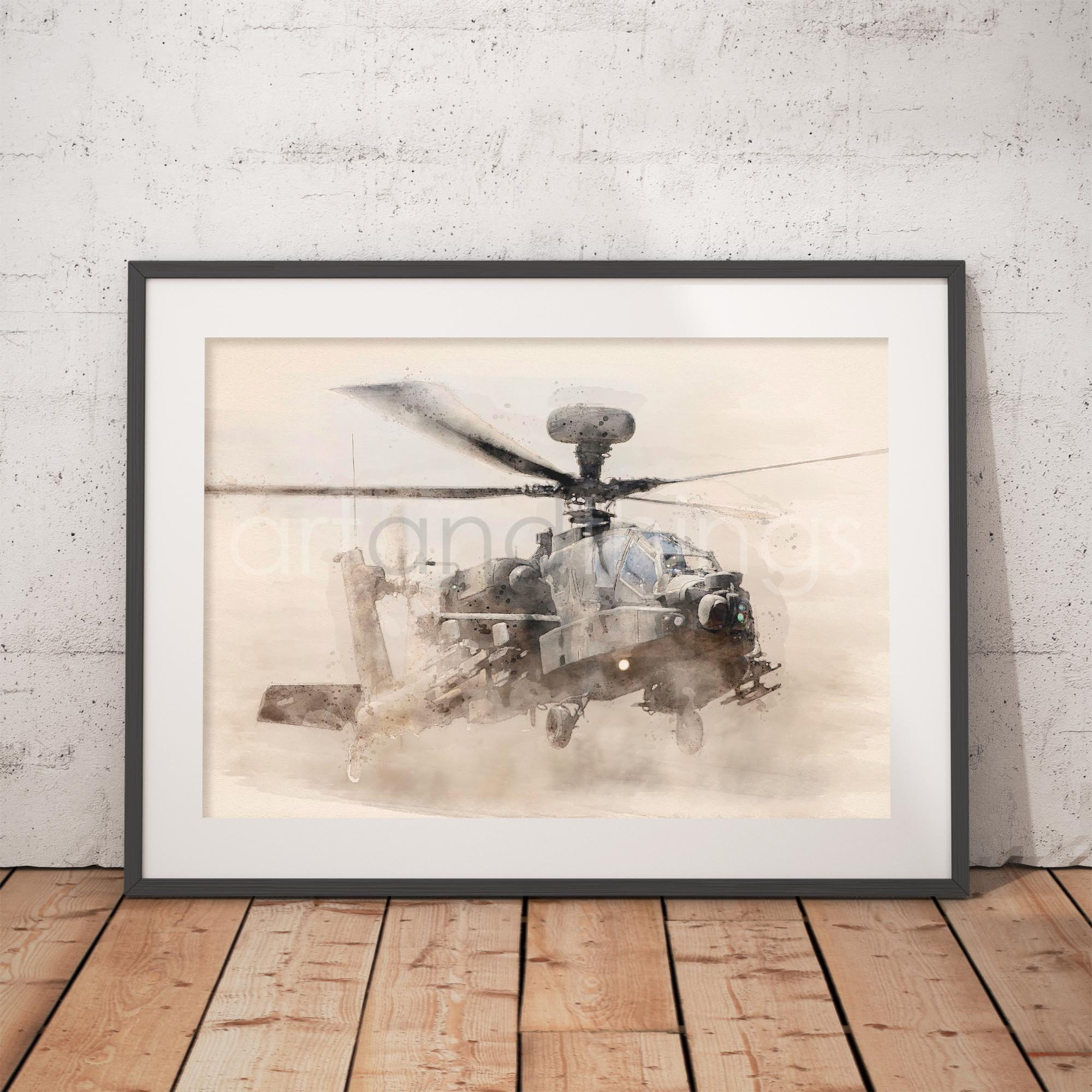 Apache AH-64 Helicopter Gunship Chopper Watercolour Style Wall Art ...