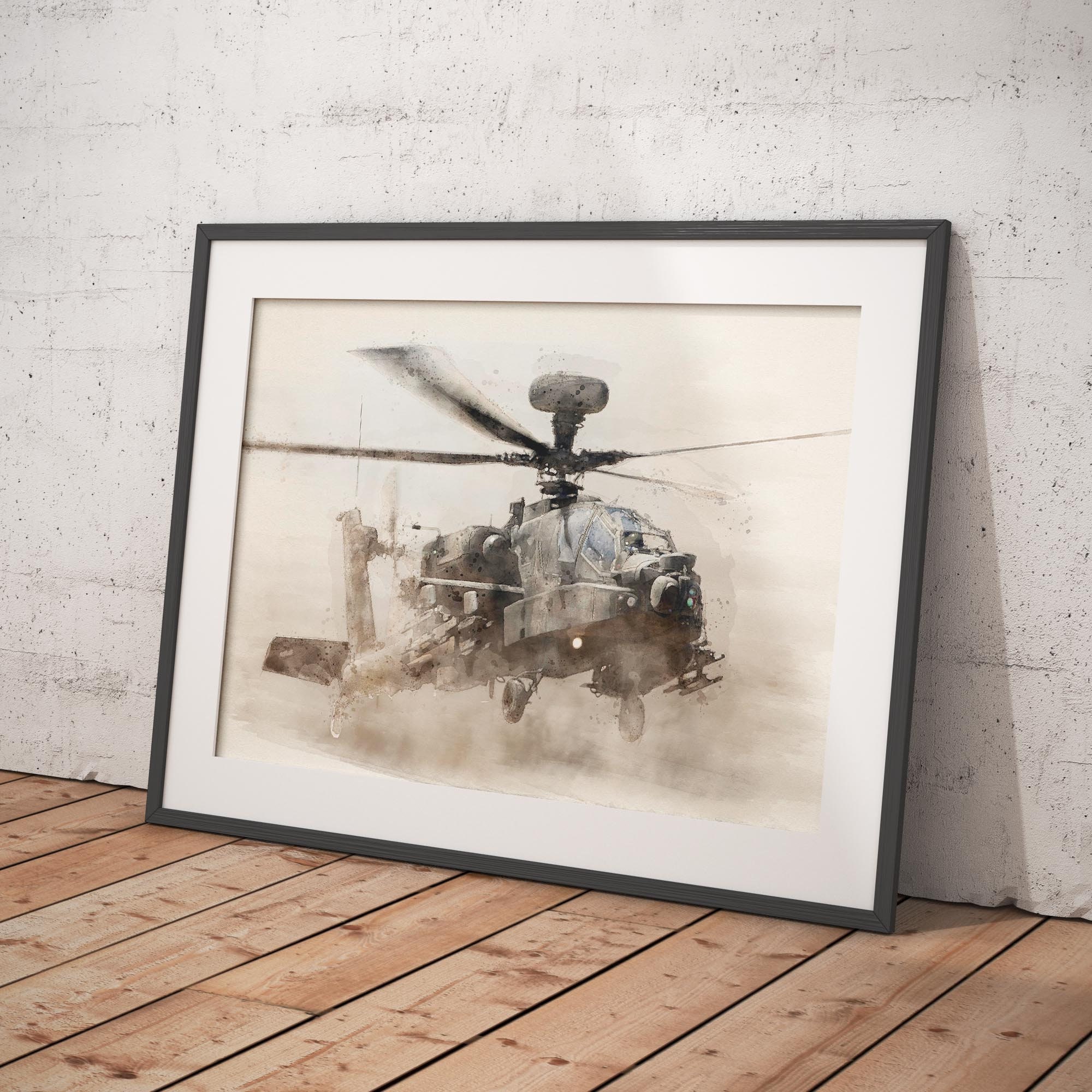 Apache AH-64 Helicopter Gunship Chopper Watercolour Style Wall Art ...