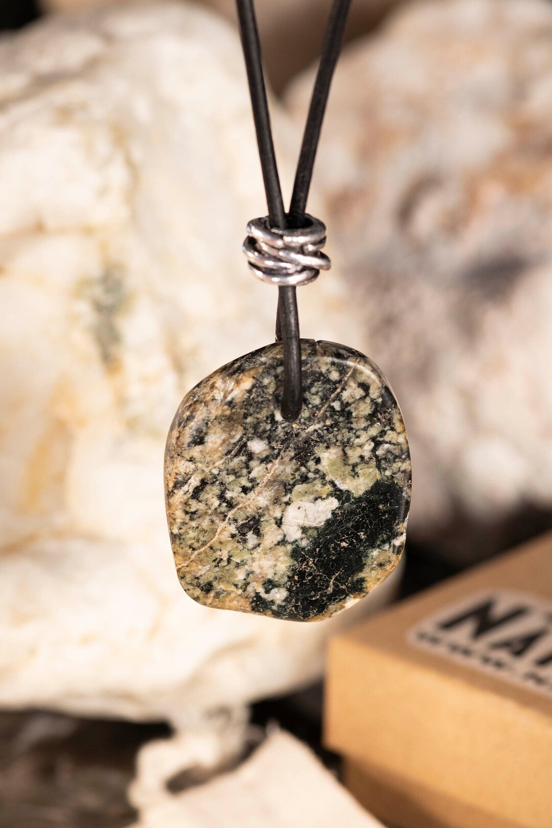 Gabbro Granite Diorite ? Black Green Beige Energy Stone Pendant on 16 to 32 Inch 2mm Leather ...