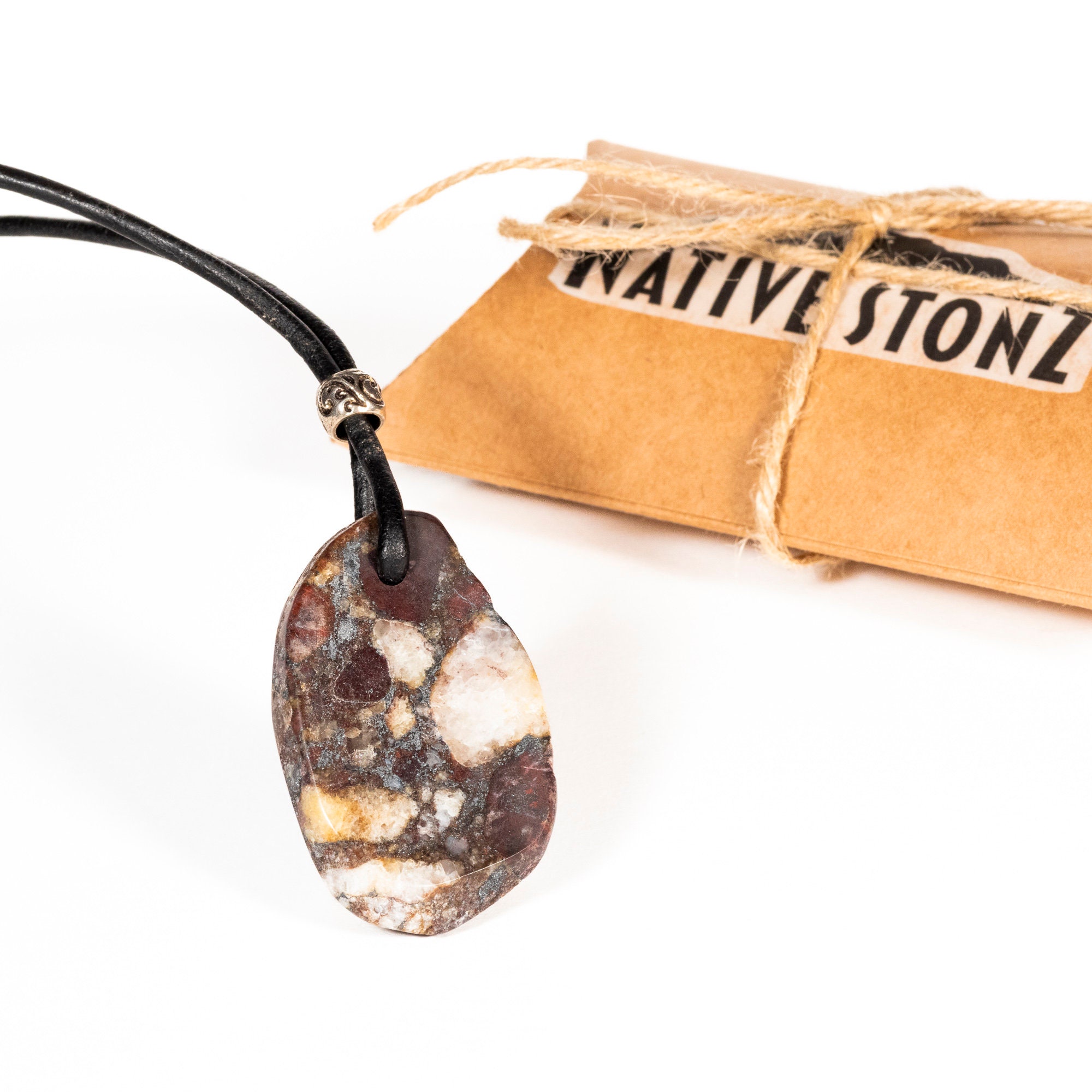 Mens Stone Leather Necklace, Multi Gem Conglomerate, Stone Necklace for ...