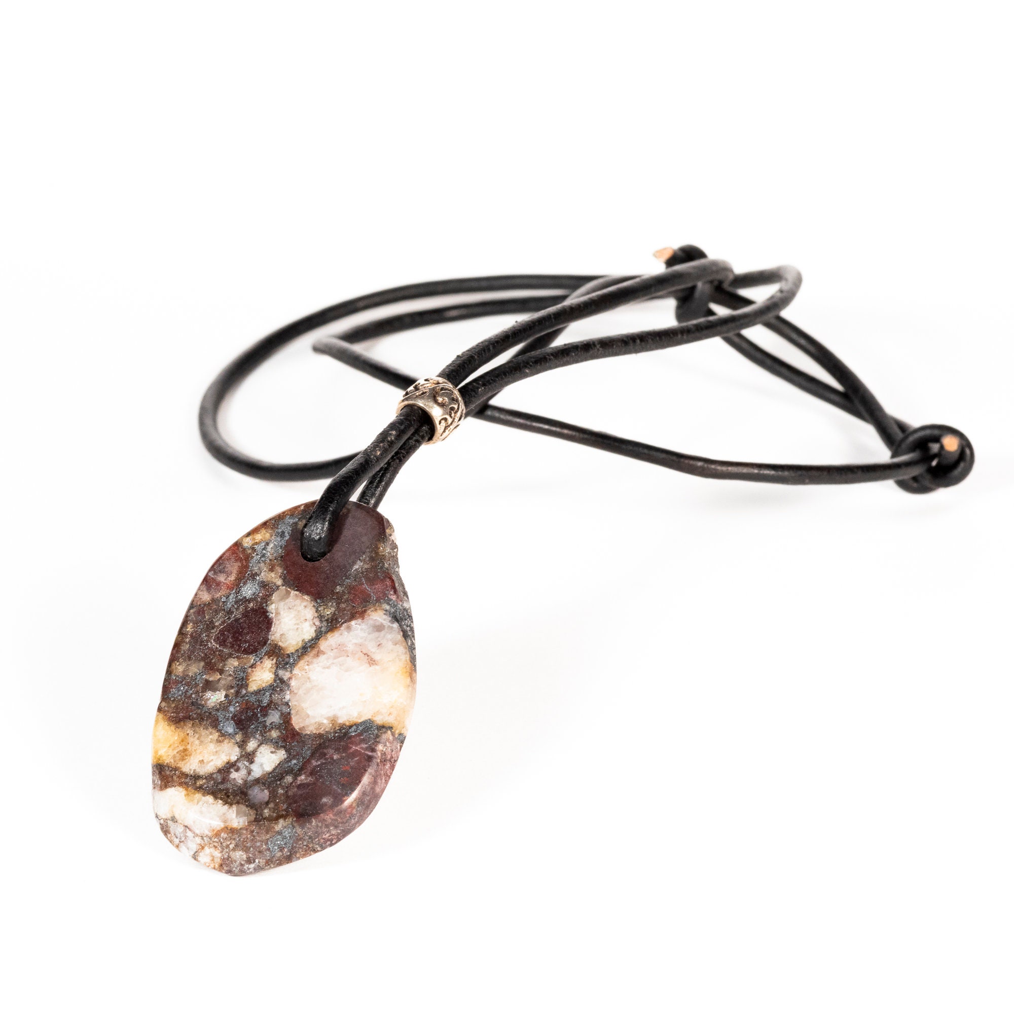 Mens Stone Leather Necklace, Multi Gem Conglomerate, Stone Necklace for ...