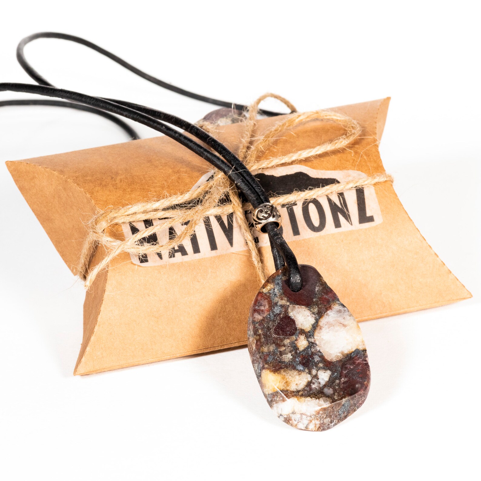 Mens Stone Leather Necklace, Multi Gem Conglomerate, Stone Necklace for ...