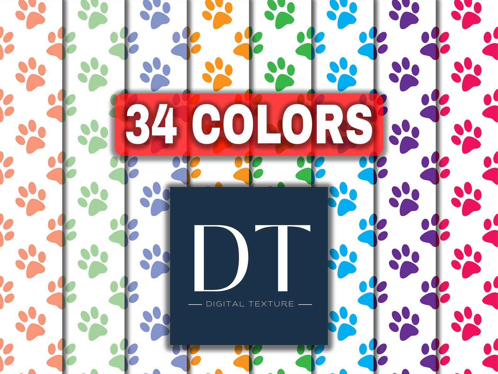 Pastel and Bold Color Paw Print Digital Paper, Background, Wrapping ...