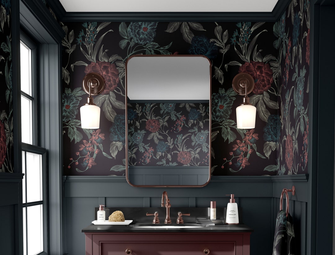 Dark Botanical Wallpaper Peel and Stick Floral, Peony Wallpaper ...