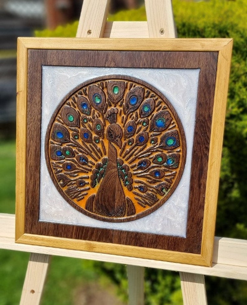 Peacock Wall Art | Handcrafted Wood Carving With Colourful Resin Inlay ...