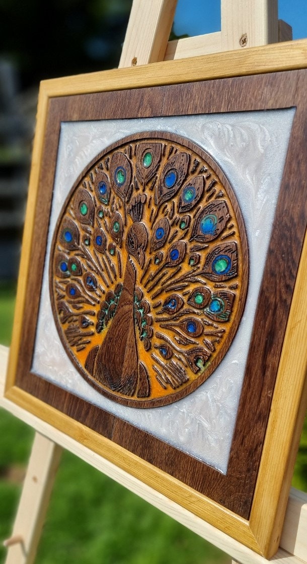 Peacock Wall Art | Handcrafted Wood Carving With Colourful Resin Inlay ...