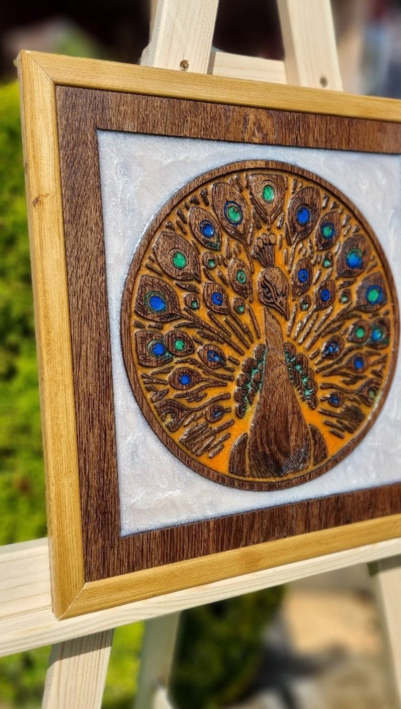 Peacock Wall Art | Handcrafted Wood Carving With Colourful Resin Inlay ...
