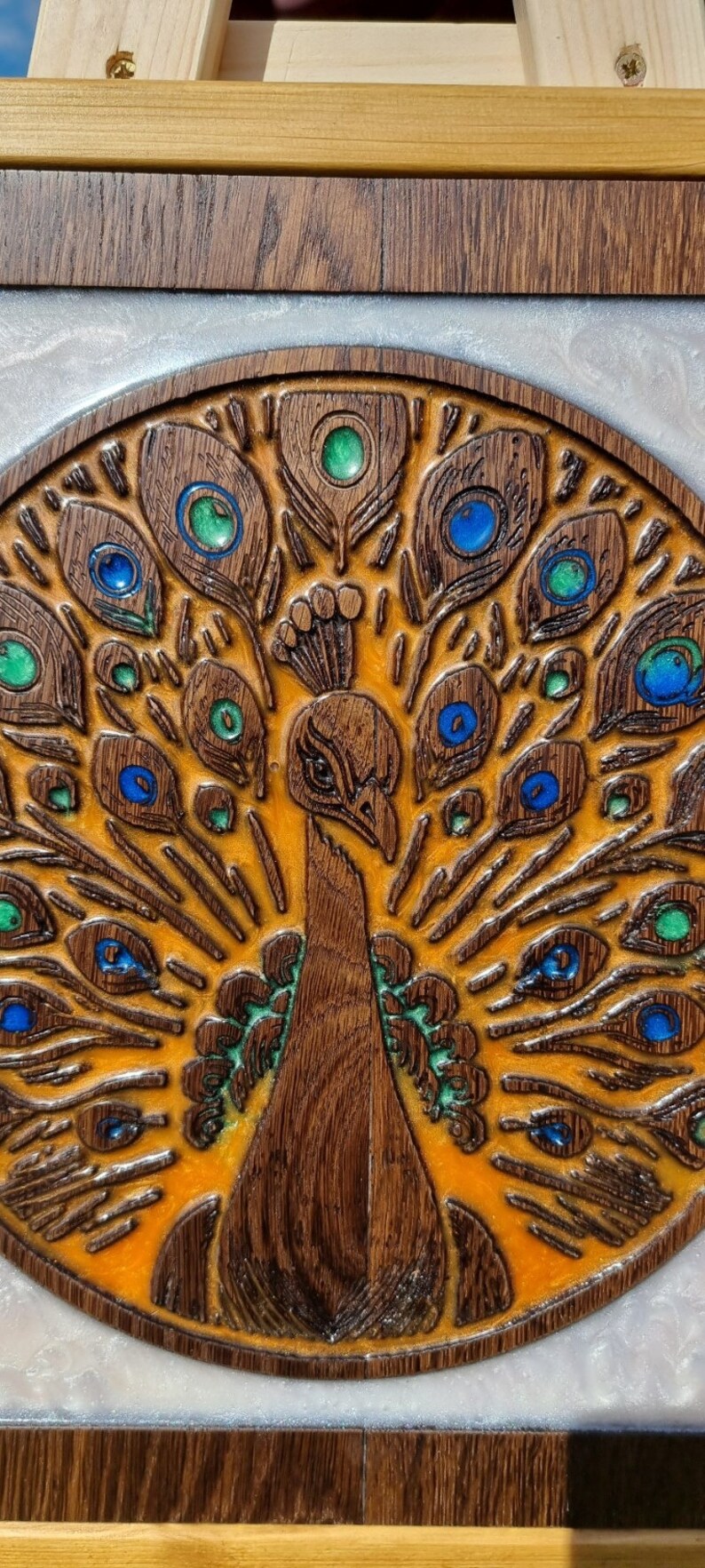 Peacock Wall Art | Handcrafted Wood Carving With Colourful Resin Inlay ...
