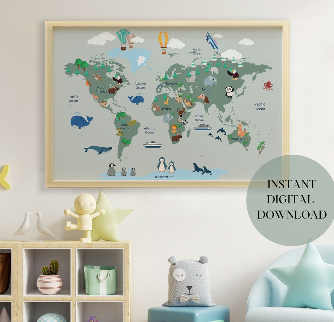 Nursery World Map Printable, Downloadable Kids World Map, Kids Map ...