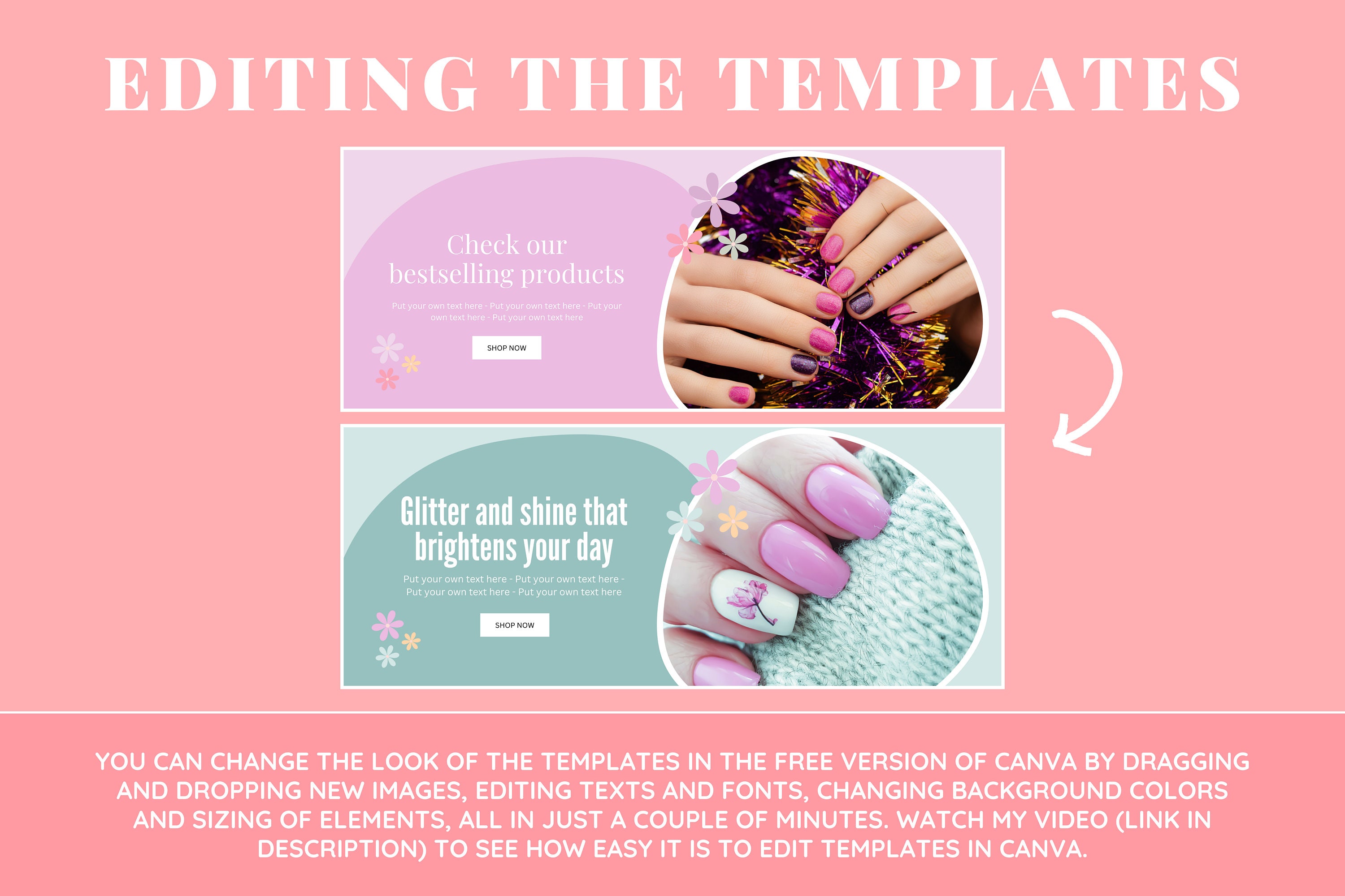 Nail Salon Shopify Theme - Pink Canva Banners & Logo Templates - Easy ...