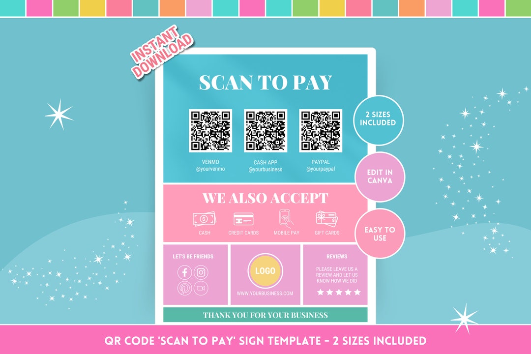 Colorful Scan to Pay Template QR Code Sign Easy Payment & Follow Us on ...