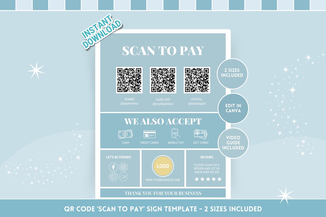 Blue Scan to Pay Template QR Code Sign Easy Payment & Follow Us on ...