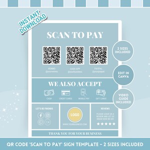 Blue Scan to Pay Template QR Code Sign Easy Payment & Follow Us on ...