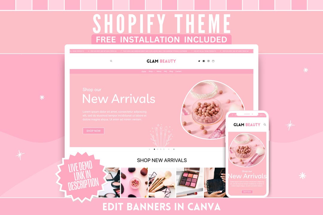 Beauty Shopify Theme Glam Pink Canva Banners & Logo Templates Easy ...