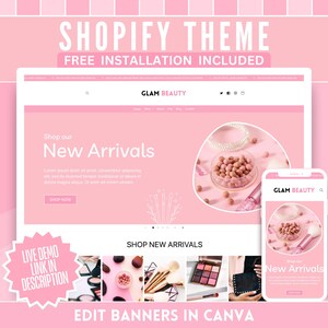 Beauty Shopify Theme Glam Pink Canva Banners & Logo Templates Easy ...