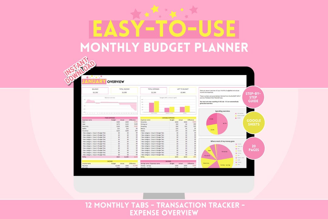 12-month Budget Spreadsheet Planner - Colorful Expense Tracker, Debt ...