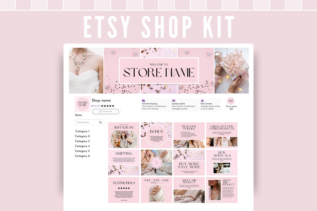 Pink Sparkle Etsy Shop Kit Cover Banners, Product Listing Templates ...