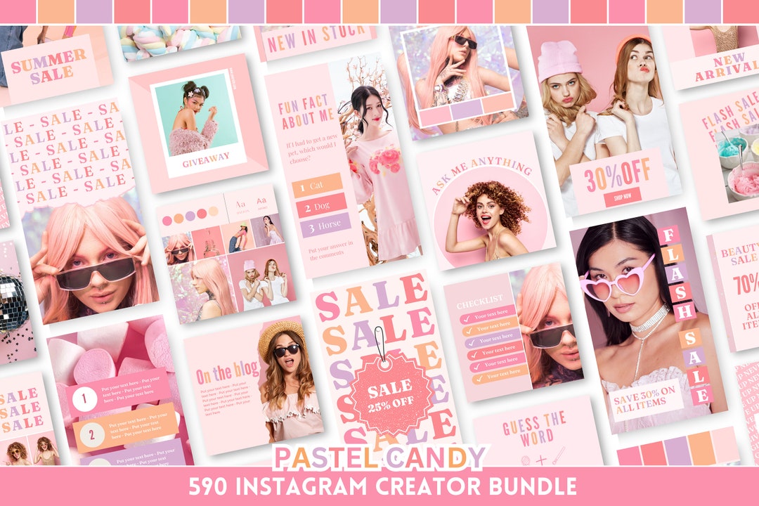 Pastel Candy Instagram Template Bundle: Cute Modern Posts, Stories ...