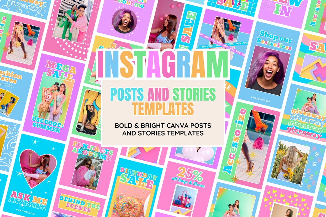 Colorful Instagram Template Bundle - Bold & Bright Posts, Stories ...