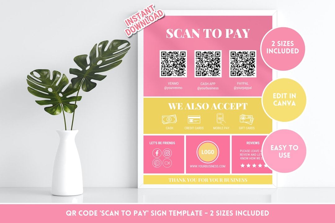 Color POP Scan to Pay Sign QR Code Sign Canva Template - Etsy