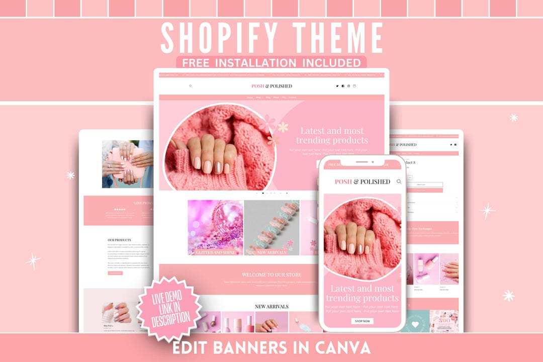 Nail Salon Shopify Theme - Pink Canva Banners & Logo Templates - Easy ...