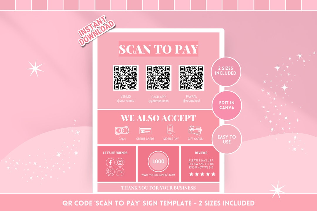 Scan to Pay Template QR Code Sign Easy Payment & Follow Us - Etsy