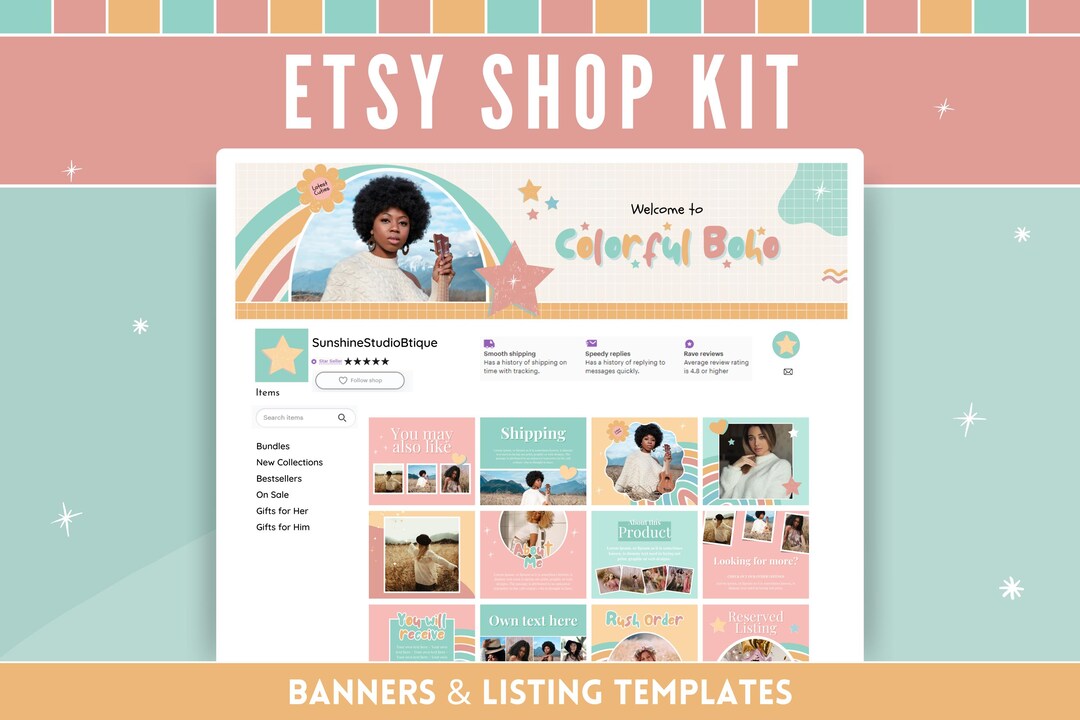Modern Boho Etsy Store Branding Kit - Retro Pastel Cover Banners ...