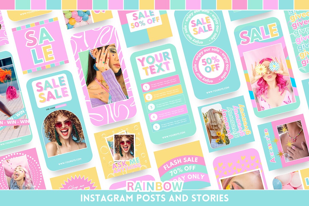 Vibrant & Eye-catching Canva Bundle: Cute Rainbow Colorful Instagram ...