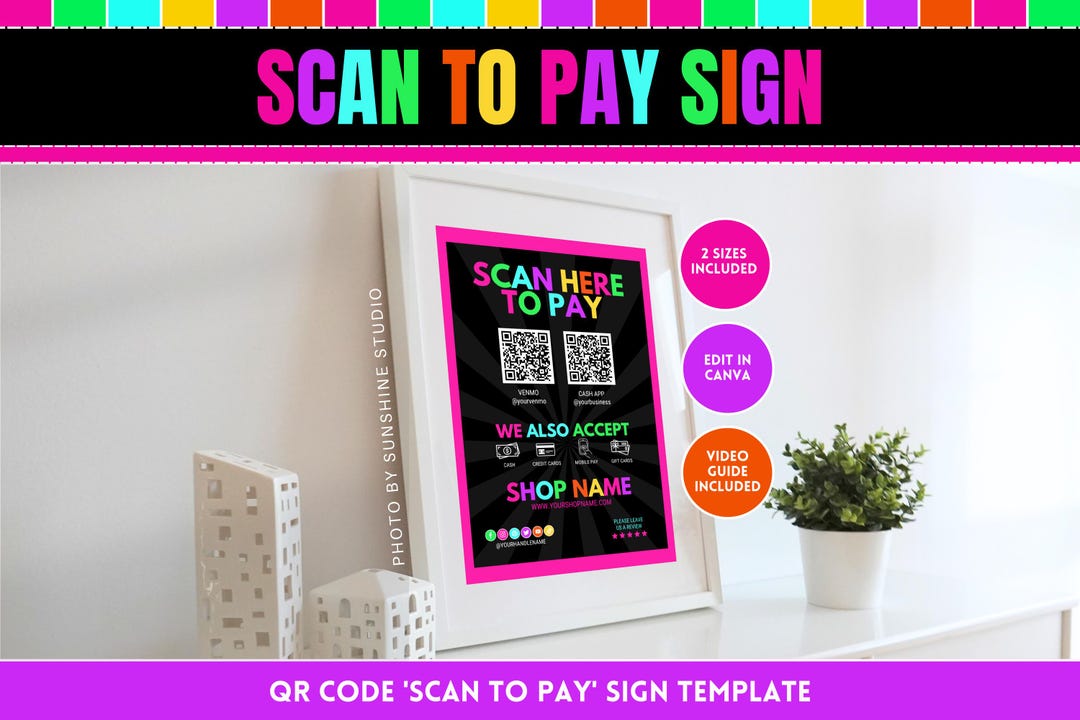 Neon Scan to Pay Template QR Code Sign - Easy Payment & Follow Us on ...