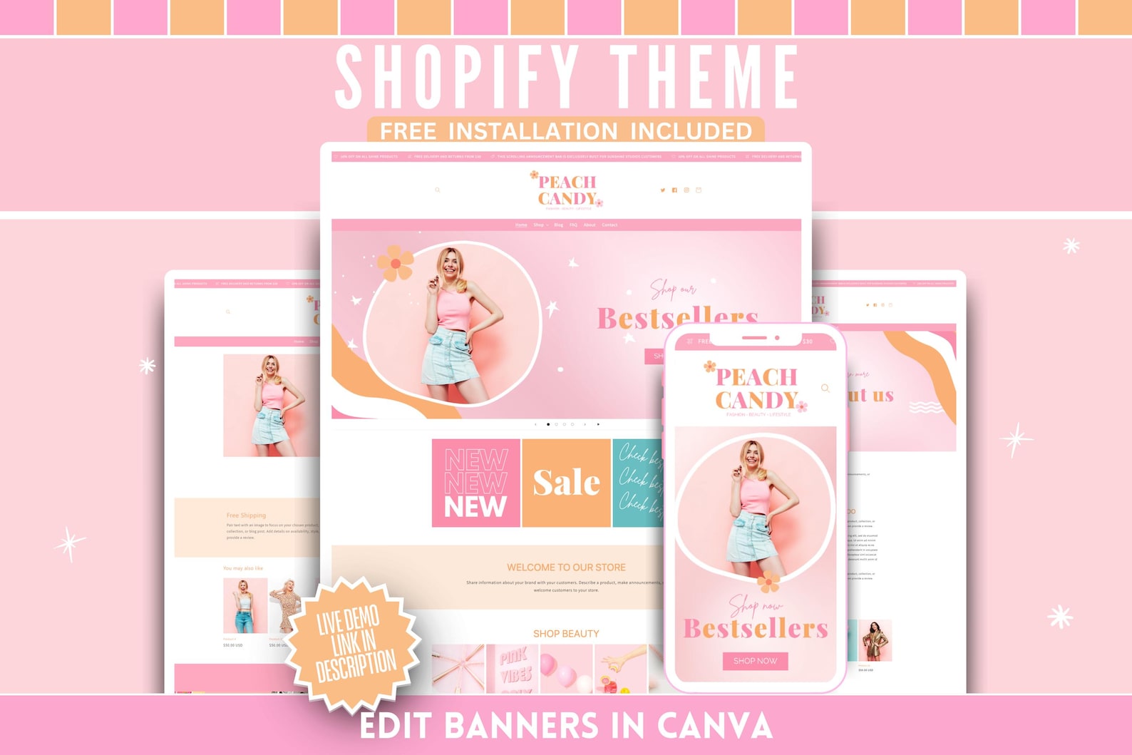 Cute Pink Shopify Theme - Peach Candy Canva Banners & Logo Templates ...