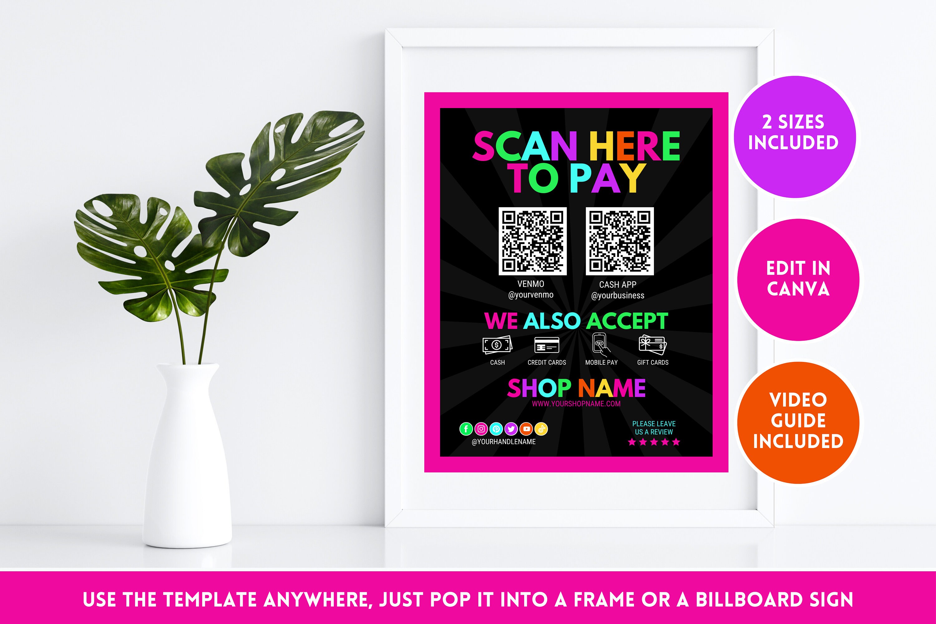 Neon Scan to Pay Template QR Code Sign - Easy Payment & Follow Us on ...