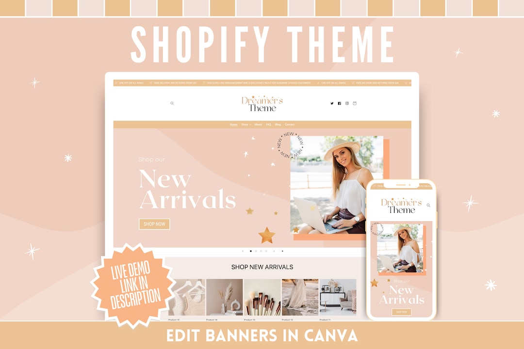 Cute Shopify Theme & Logo Templates Peach Sunrise Website Banners Easy ...