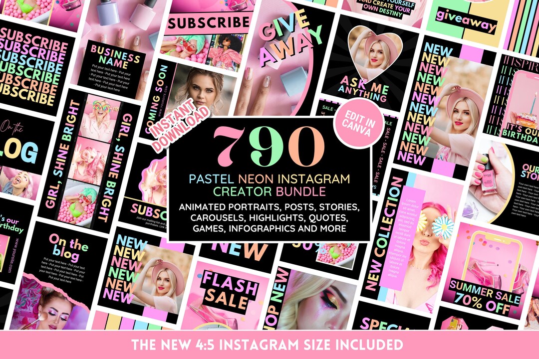 Pastel Neon Instagram Template Bundle: Cute Canva Social Media Branding ...