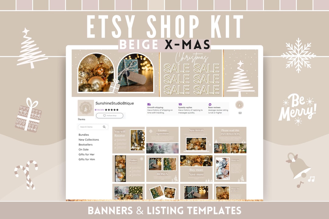 Christmas Etsy Store Branding Kit - Minimal Beige and Gold Cover ...