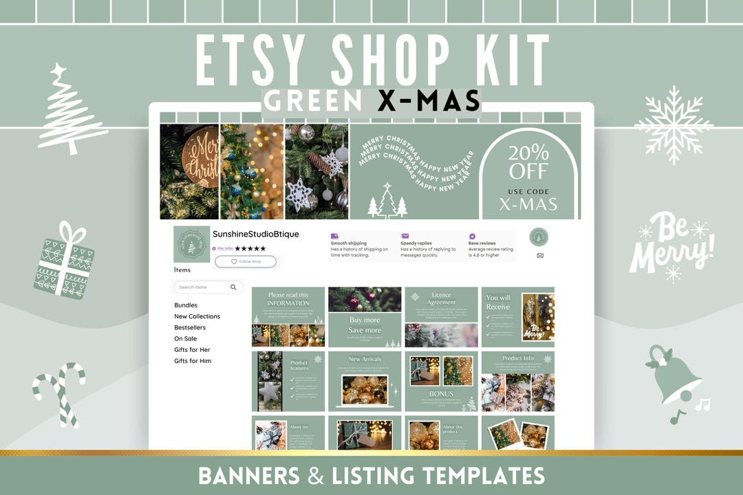 Christmas Etsy Store Branding Kit - Minimalist Green and Gold Banners ...