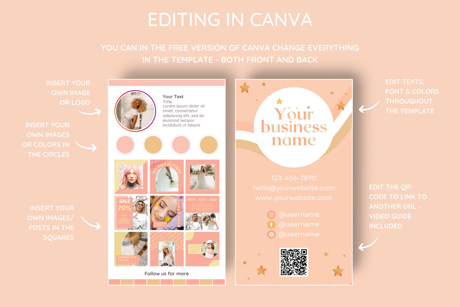 Peach Business Card Template With QR Code and Social Media Icons - Edit ...