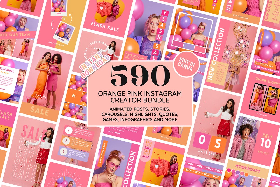 Instagram Template Bundle: Fun Orange Pink Social Media Kit - Posts ...