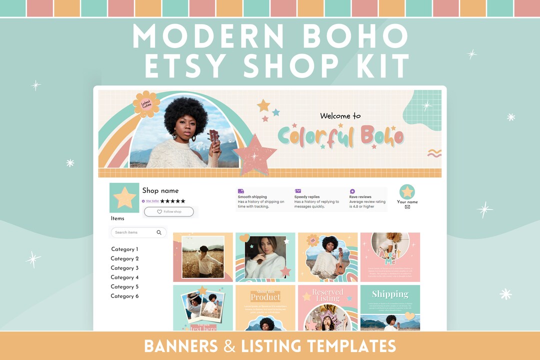 Modern Boho Etsy Store Branding Kit Retro Pastel Cover Banners, Listing ...