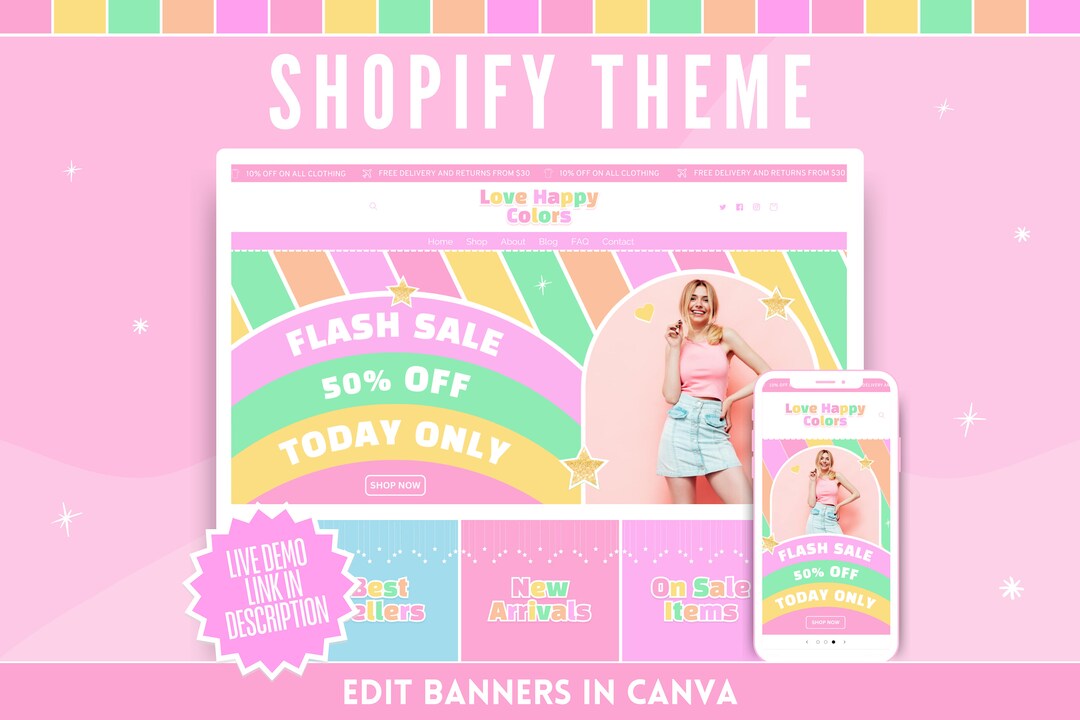 Colorful Shopify Theme & Logo Templates Fun Business Starter Kit Canva ...