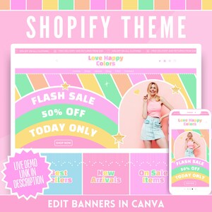 Colorful Shopify Theme & Logo Templates Fun Business Starter Kit Canva ...