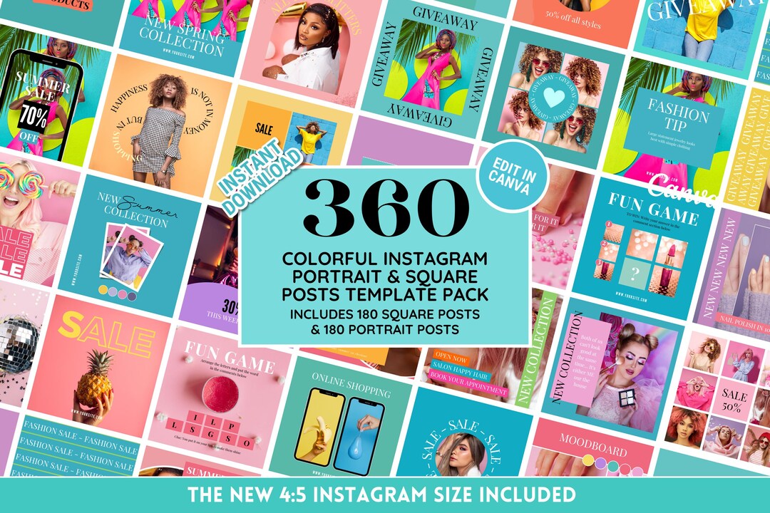 Instagram Template Portrait & Post Bundle: Colorful Social Media Feed ...