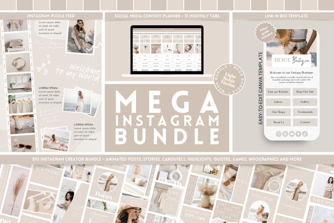 Mega Instagram Template Bundle: Beige Boho Canva Stories, Posts ...