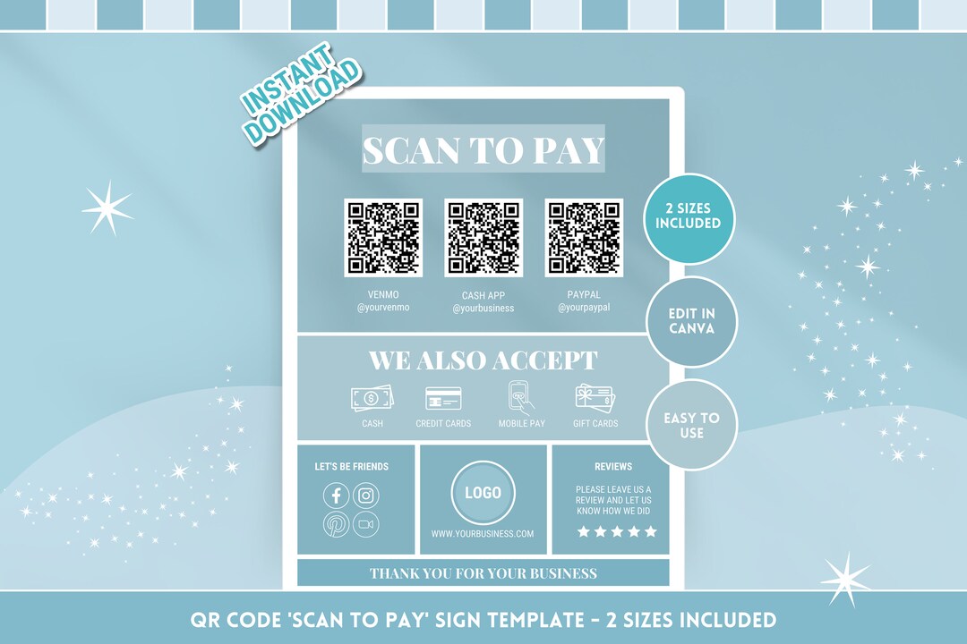 Blue Scan to Pay Template QR Code Sign Easy Payment & Follow Us on ...