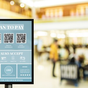 Blue Scan to Pay Template QR Code Sign Easy Payment & Follow Us on ...
