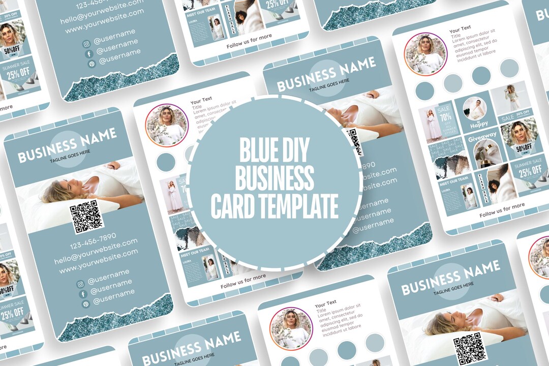 Blue Business Card Template With QR Code and Social Media Icons - Edit ...