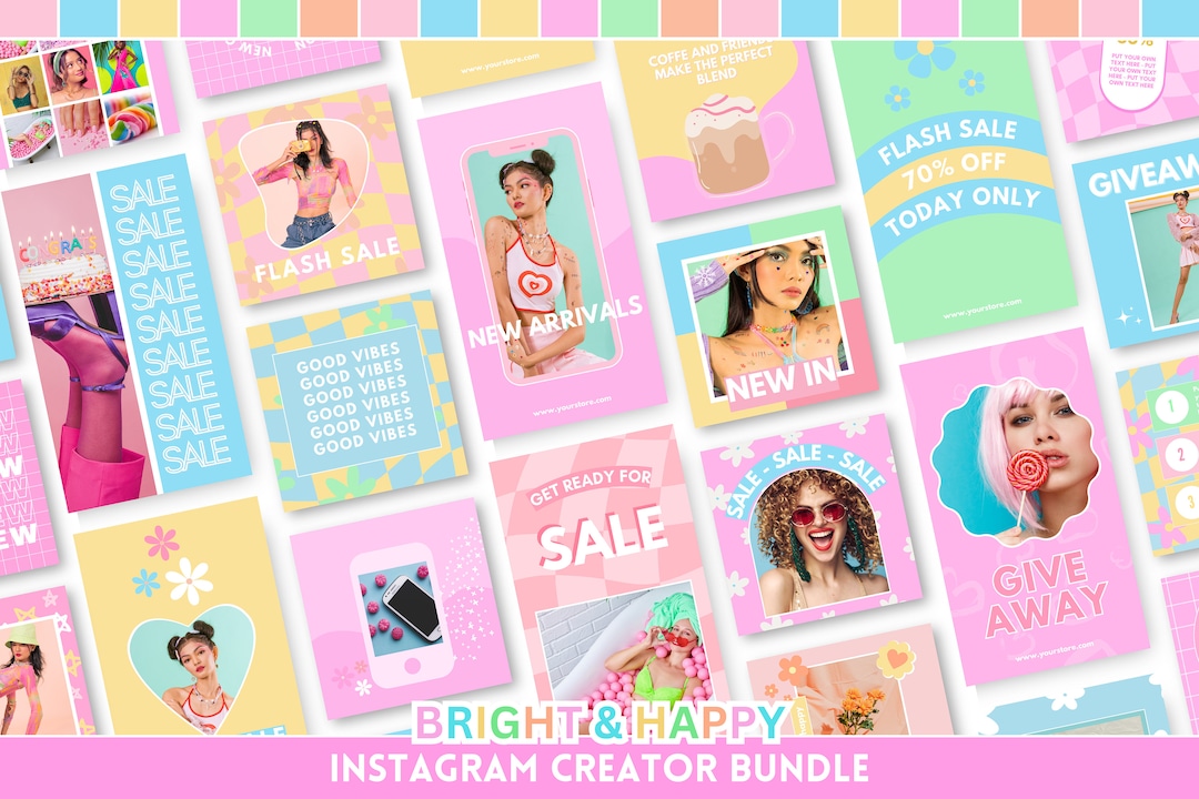 Fun Instagram Template Bundle: Colorful Bright & Happy Posts, Stories ...