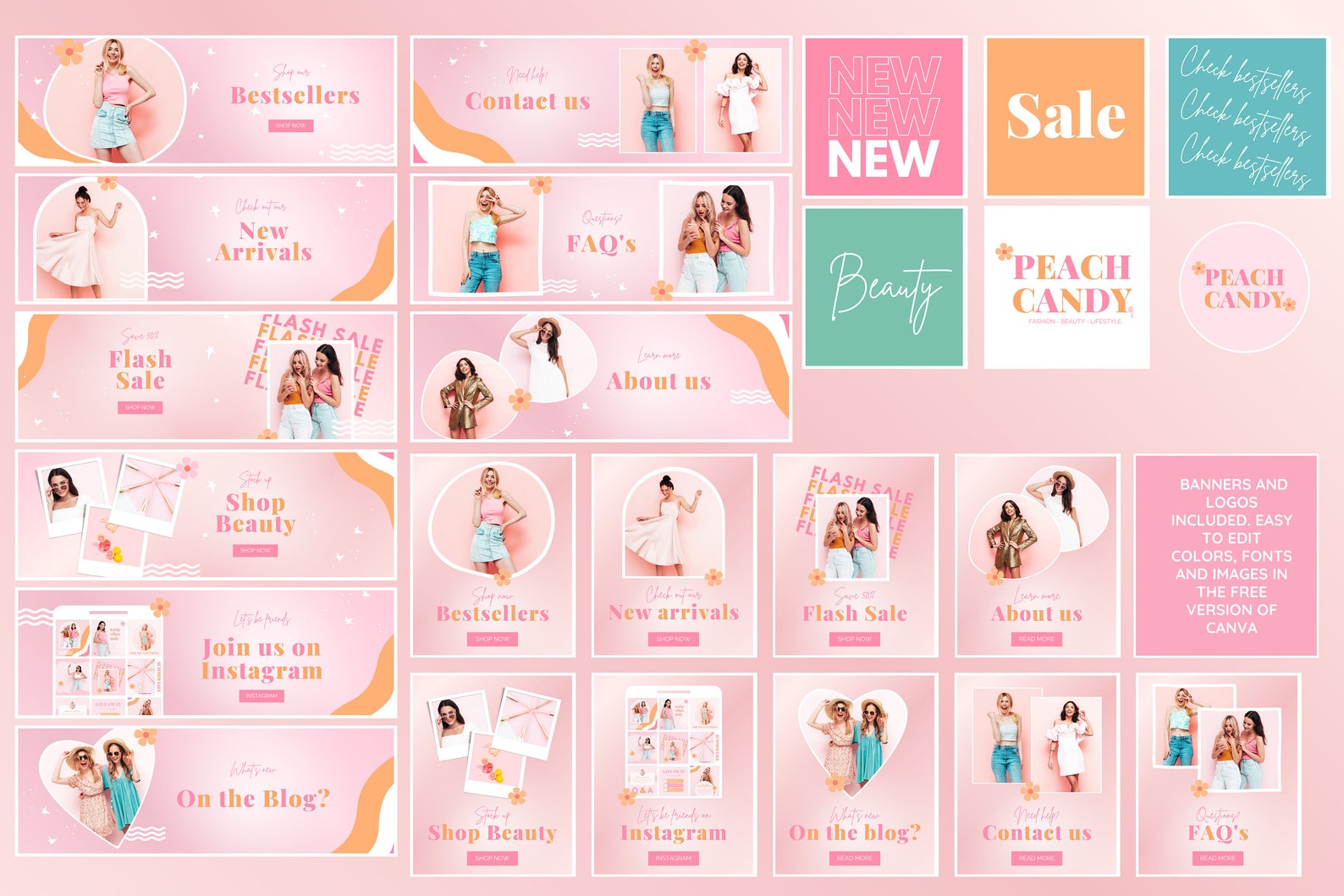 Cute Pink Shopify Theme - Peach Candy Canva Banners & Logo Templates ...