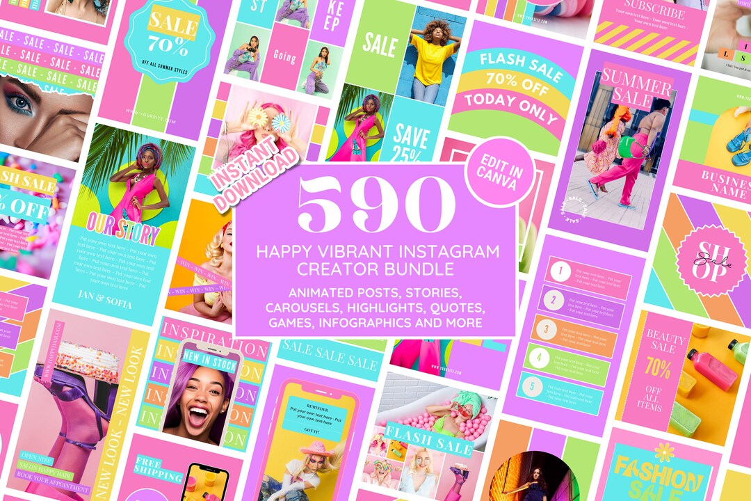 Happy Vibrant Instagram Template Bundle: Colorful Bold Posts, Stories ...